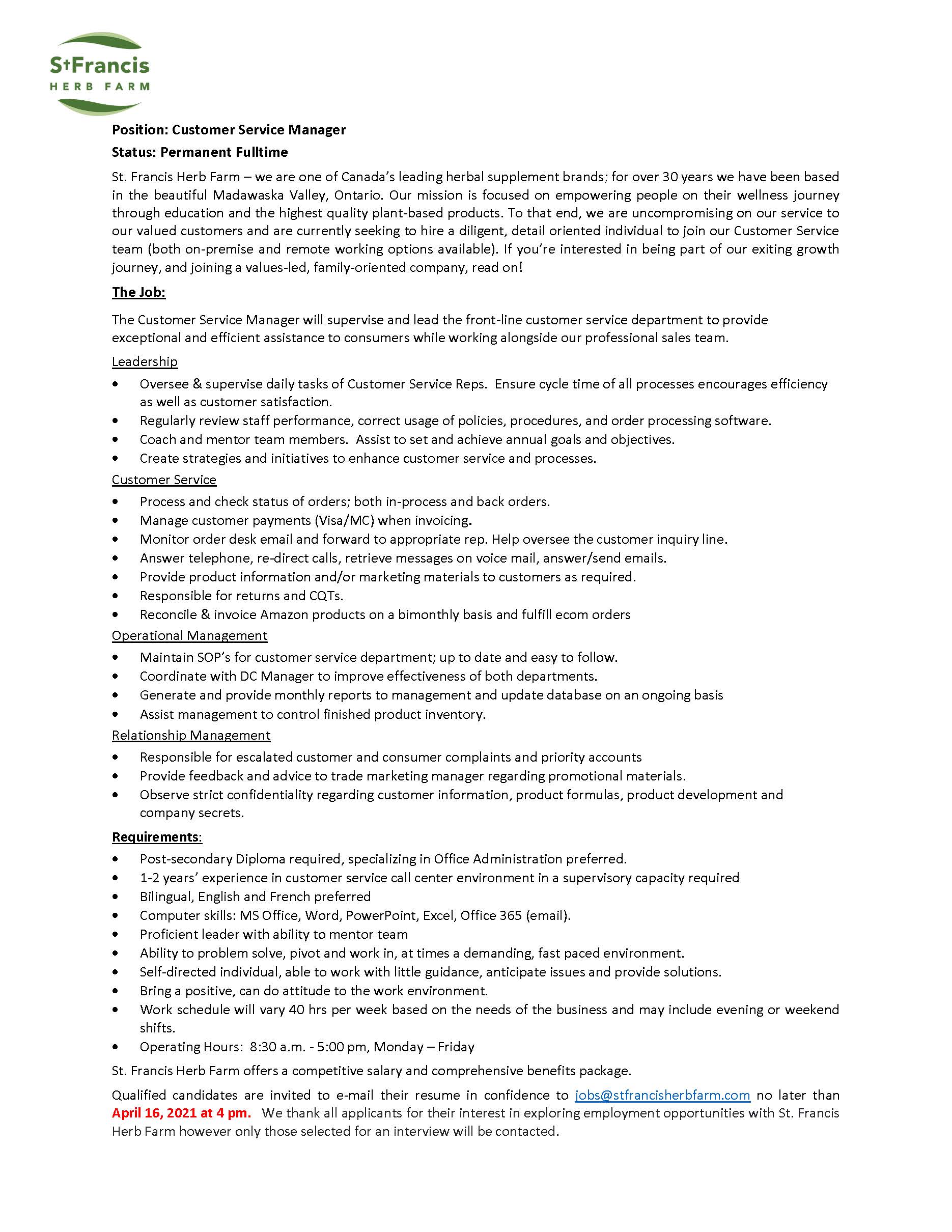 Customer Service Manager – Job Posting Apr 2021 – Community Employment ...